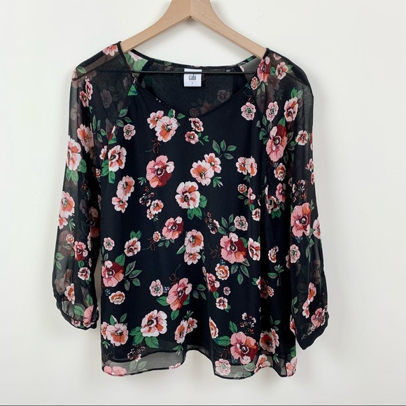 CAbi | Tops | Cabi 3595 Garden Black Floral Chiffon Sheer Blouse S ...
